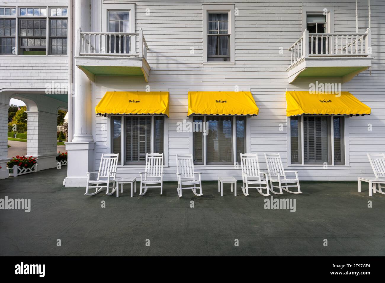 Detail of the famous white veranda of the Grand Hotel Mackinac Island ...