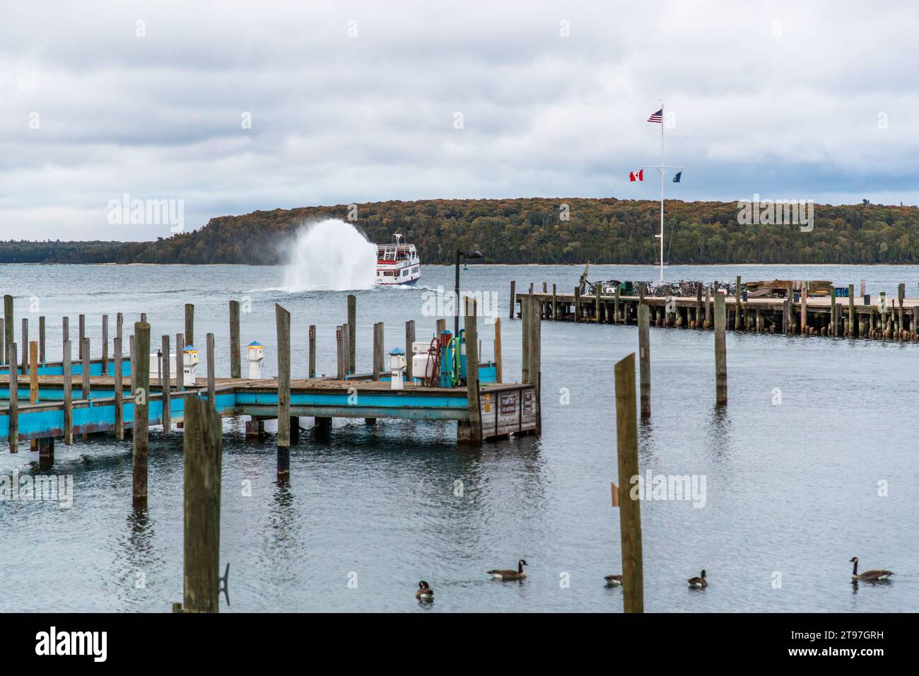 Haldimand Bay jetties, Mackinac Island and ferry from Shepler's Ferry ...