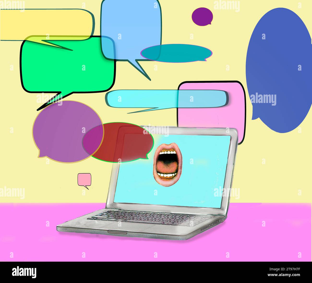 Screaming mouth on laptop screen with speech bubbles Stock Photo - Alamy