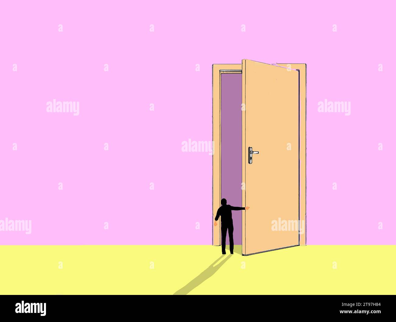Person opening oversize door near pink wall Stock Photo - Alamy