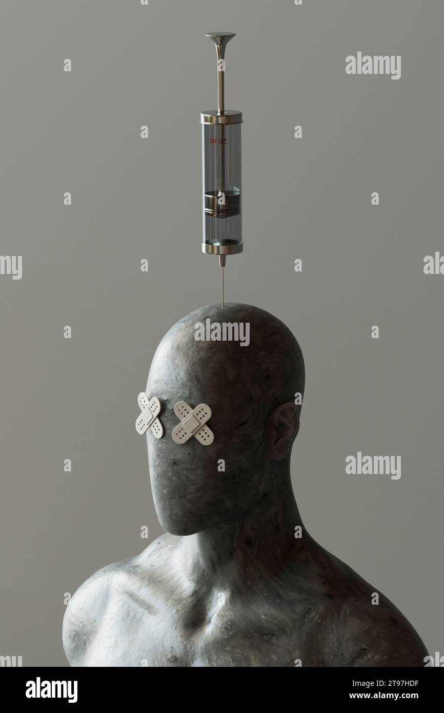 Mannequin with band aid eyes and syringe pierced in head against gray ...