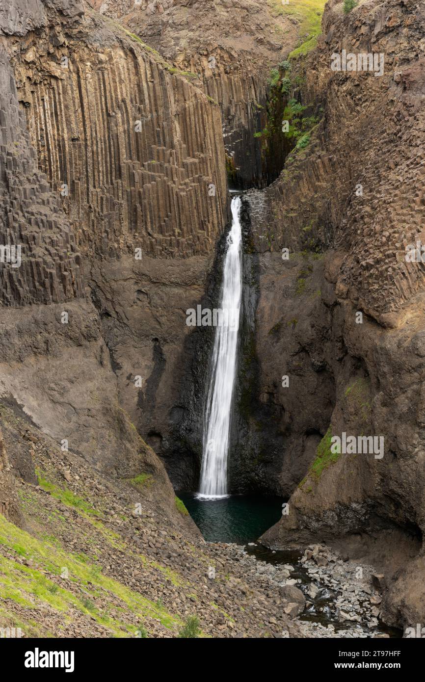 Iceland, Austurland, Basalt columns and Litlanesfoss waterfall Stock ...