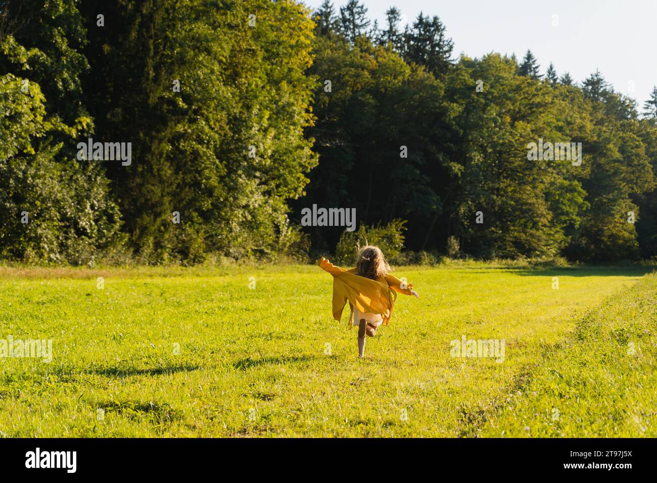 Cheerful girl running in front of trees in meadow Stock Photo - Alamy