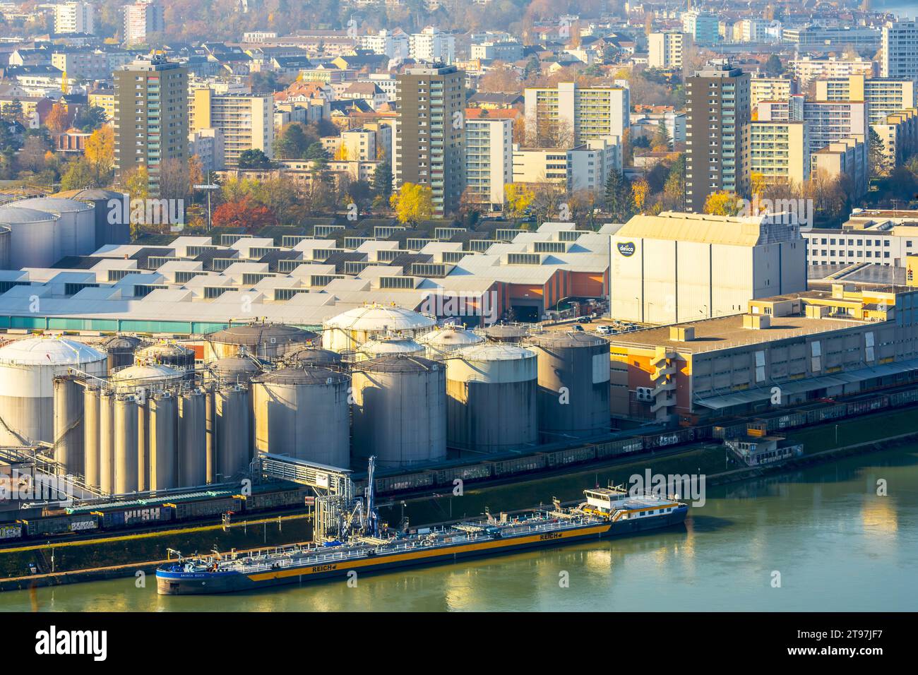 Elevated view of Birsfelden industrial district, Canton of Basel-Land ...