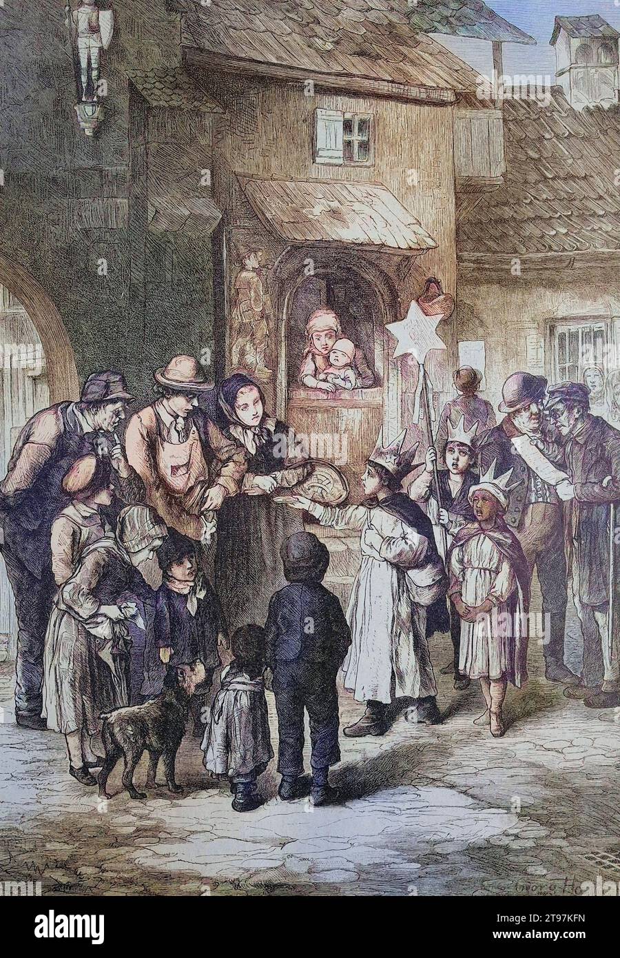 Verkleidet Kinder als die Heiligen drei Könige sind im Dorf angekommen ...