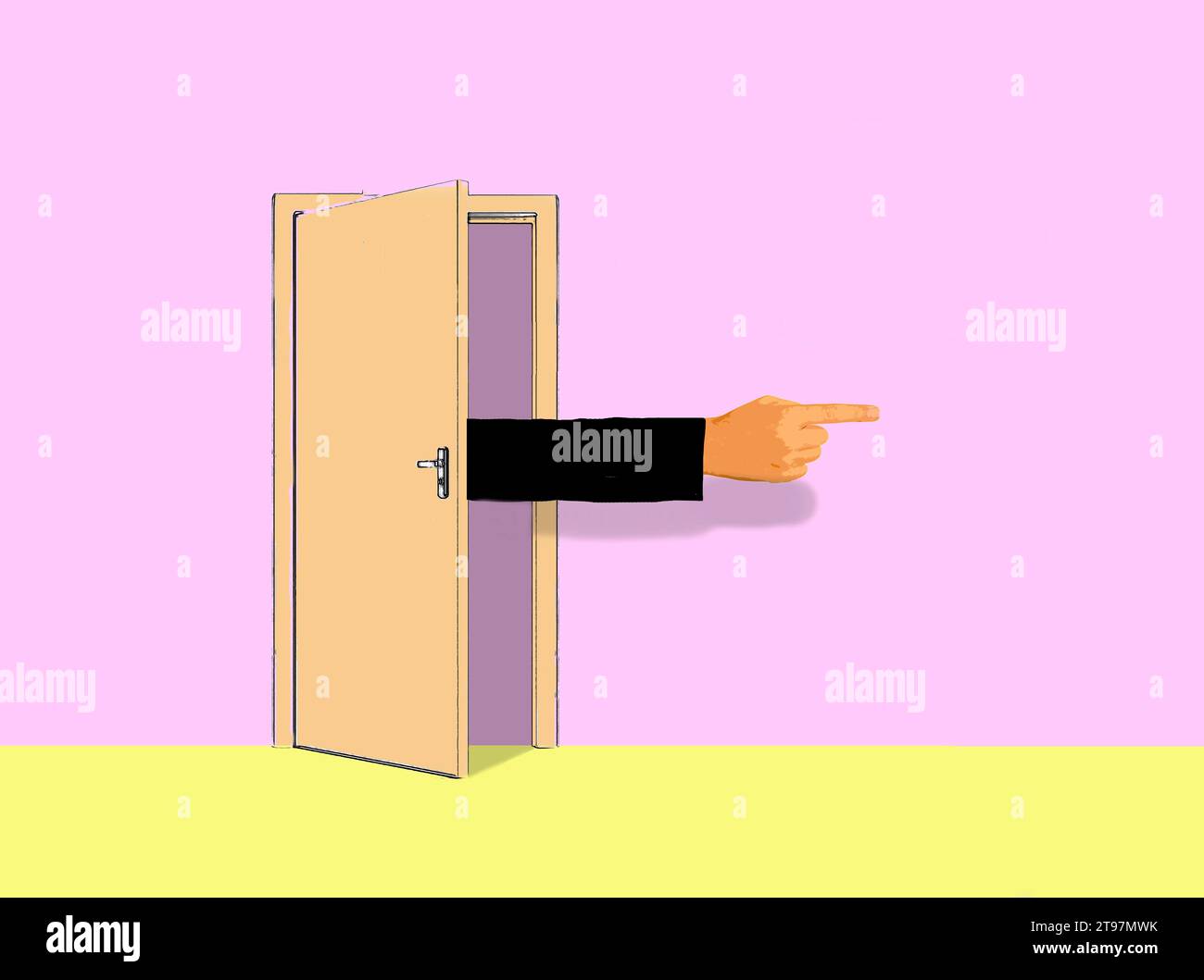 Pointing finger out of open door against pink background Stock Photo ...