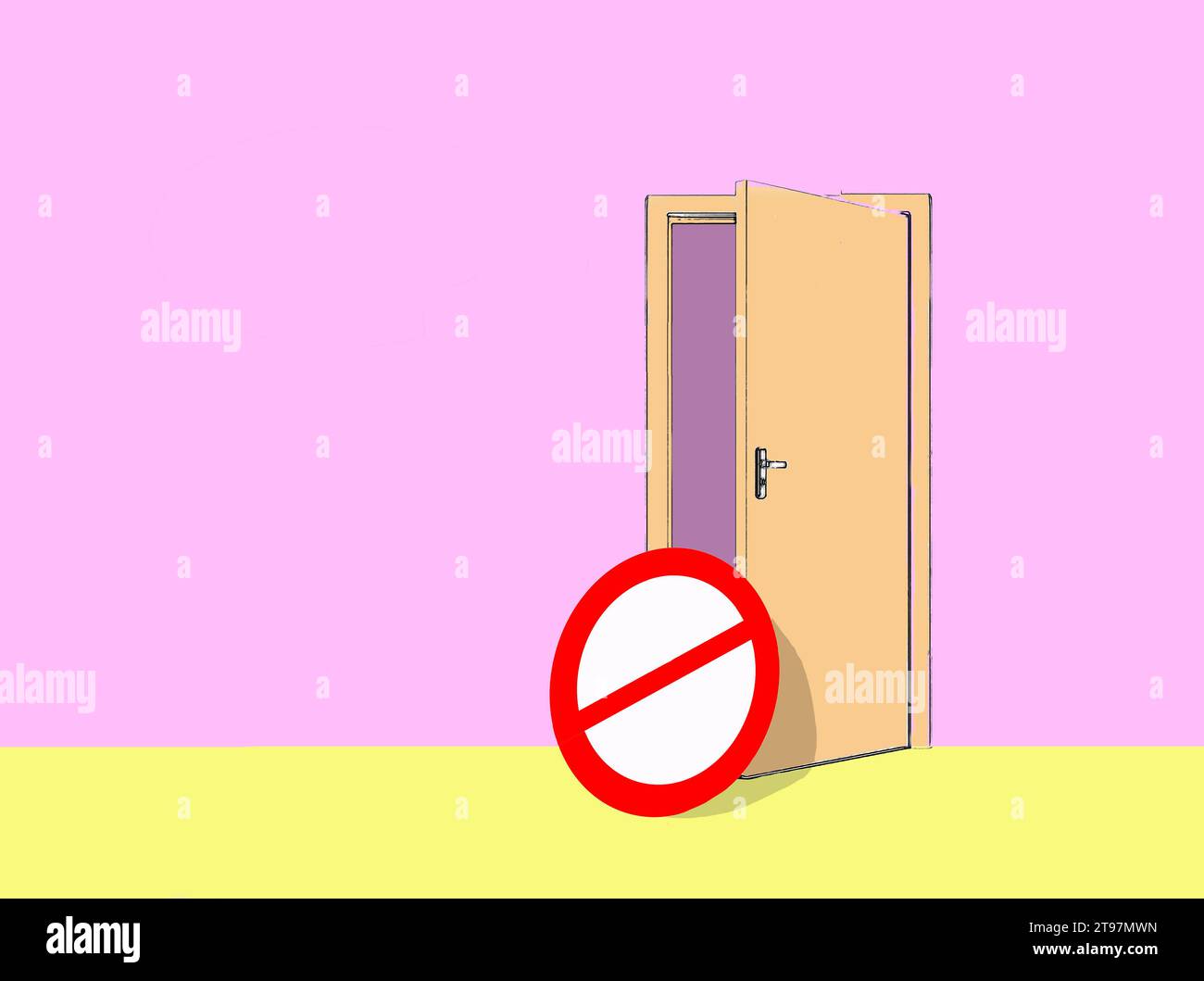Forbidden sign on open door against pink background Stock Photo - Alamy