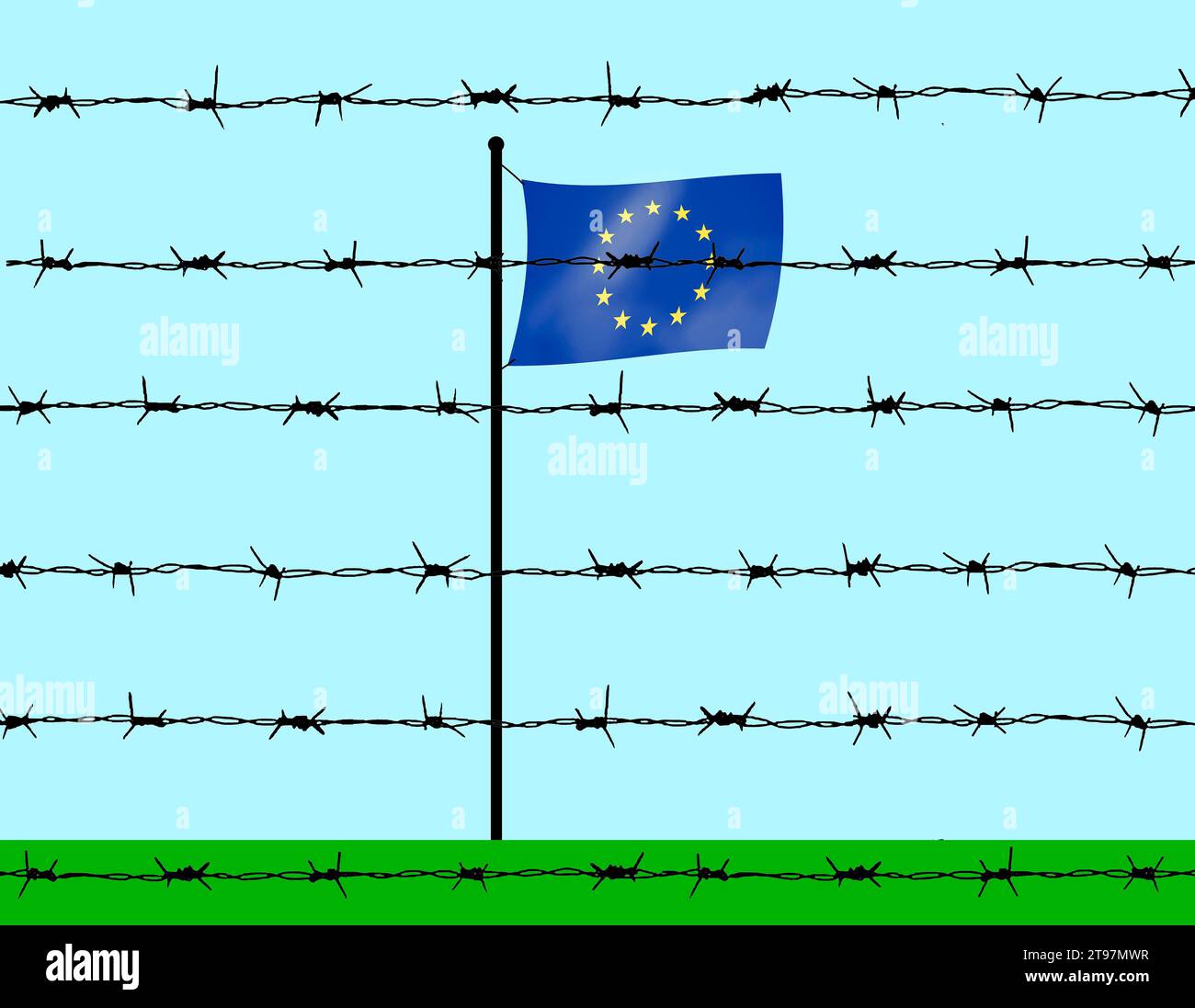 European union flag behind barbed wire under sky Stock Photo - Alamy