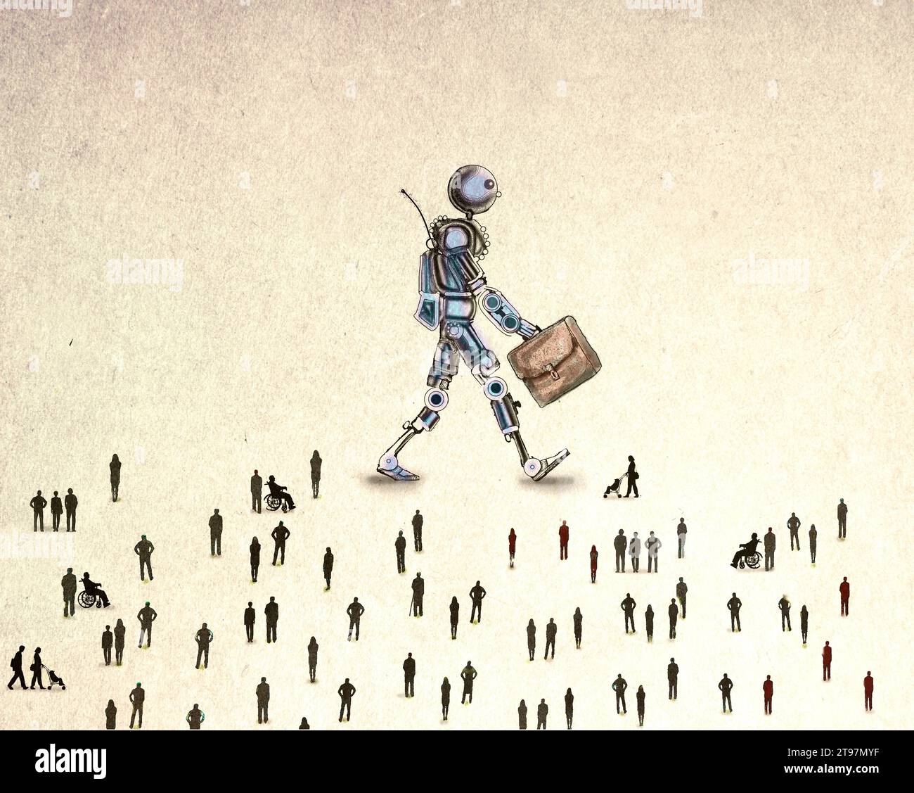 Crowd of people in front of oversized robot walking with suitcase ...