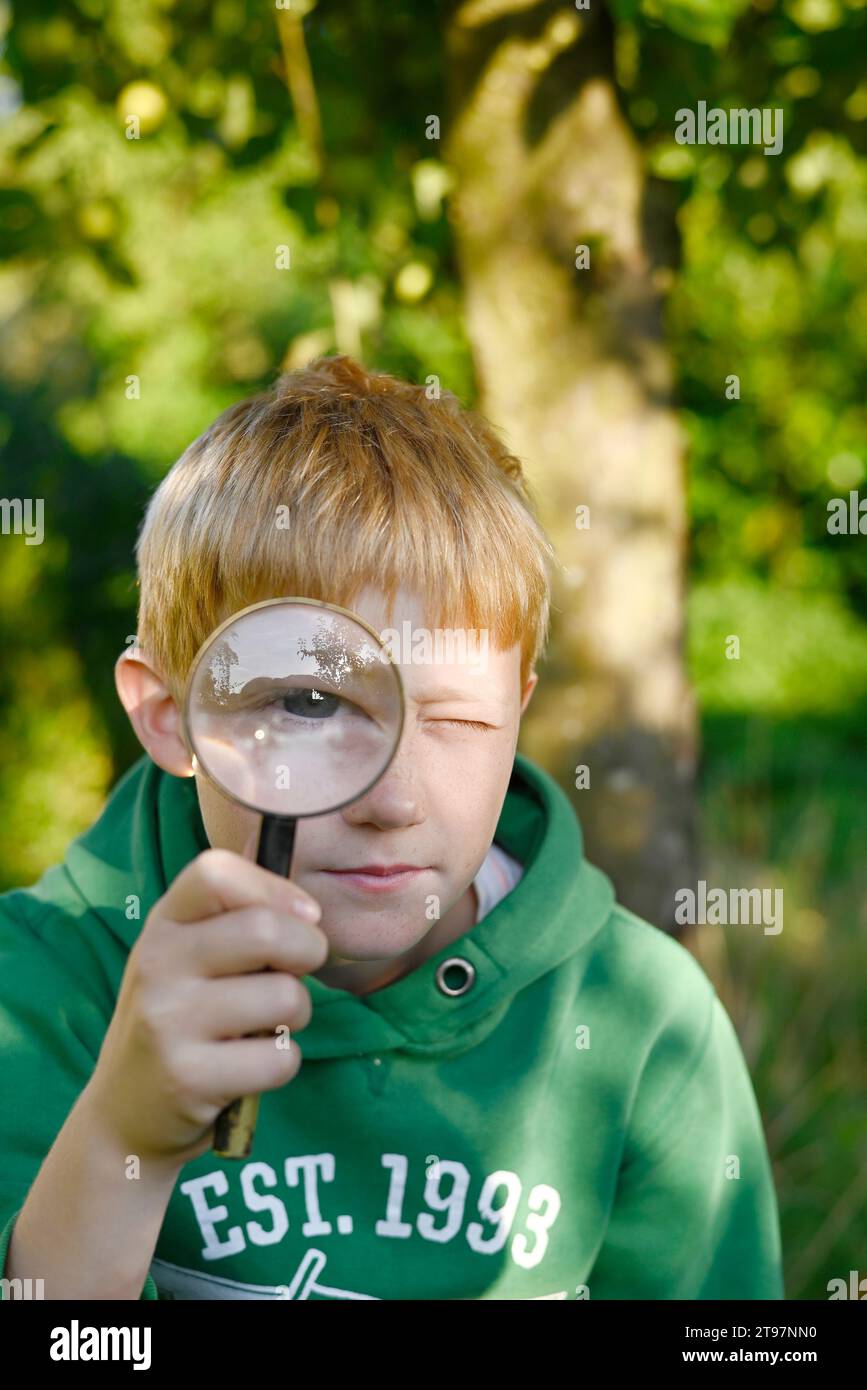 Curious boy looking through magnifying glass in garden Stock Photo - Alamy