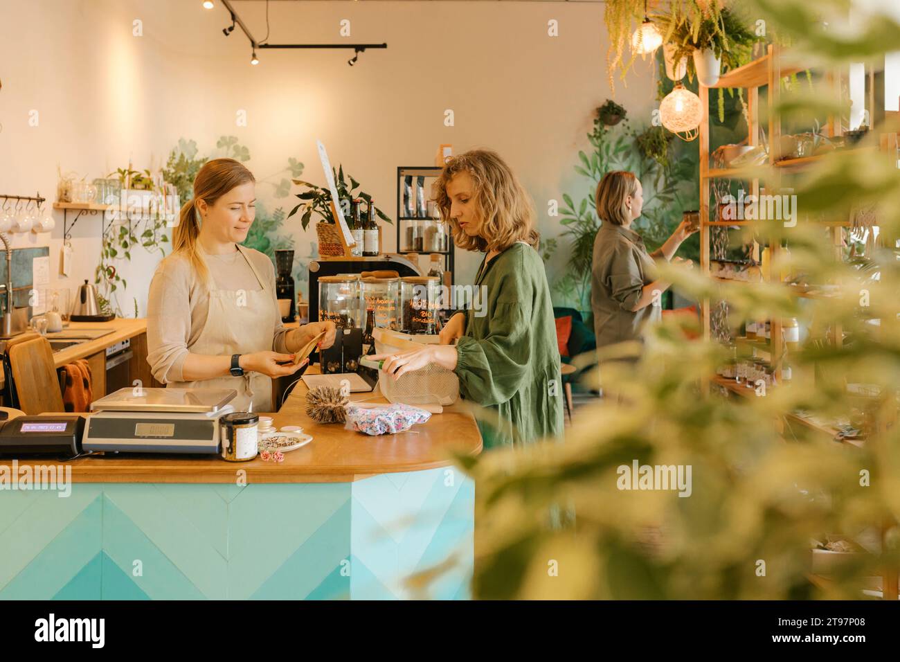 Customer paying to owner at checkout counter in store Stock Photo - Alamy