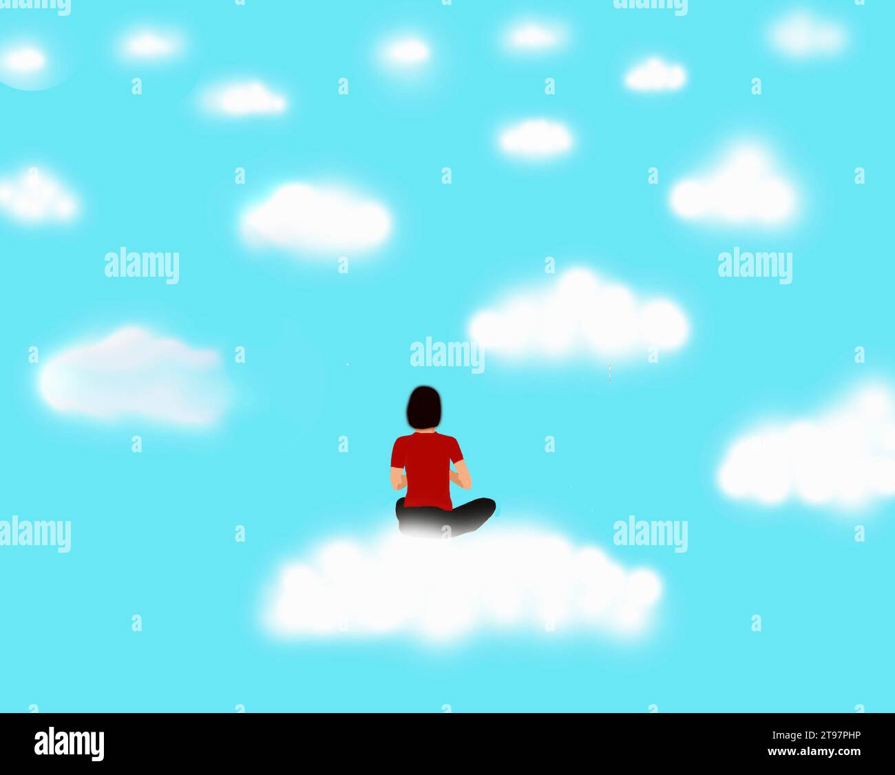 Woman meditating on top of floating cloud Stock Photo - Alamy
