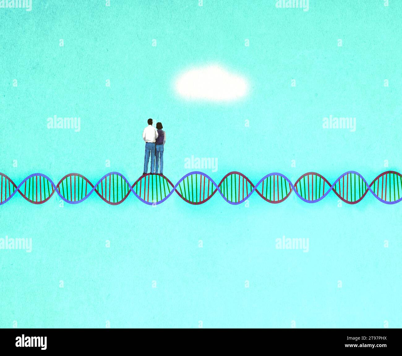 Couple standing on double helix model looking at single cloud floating ...