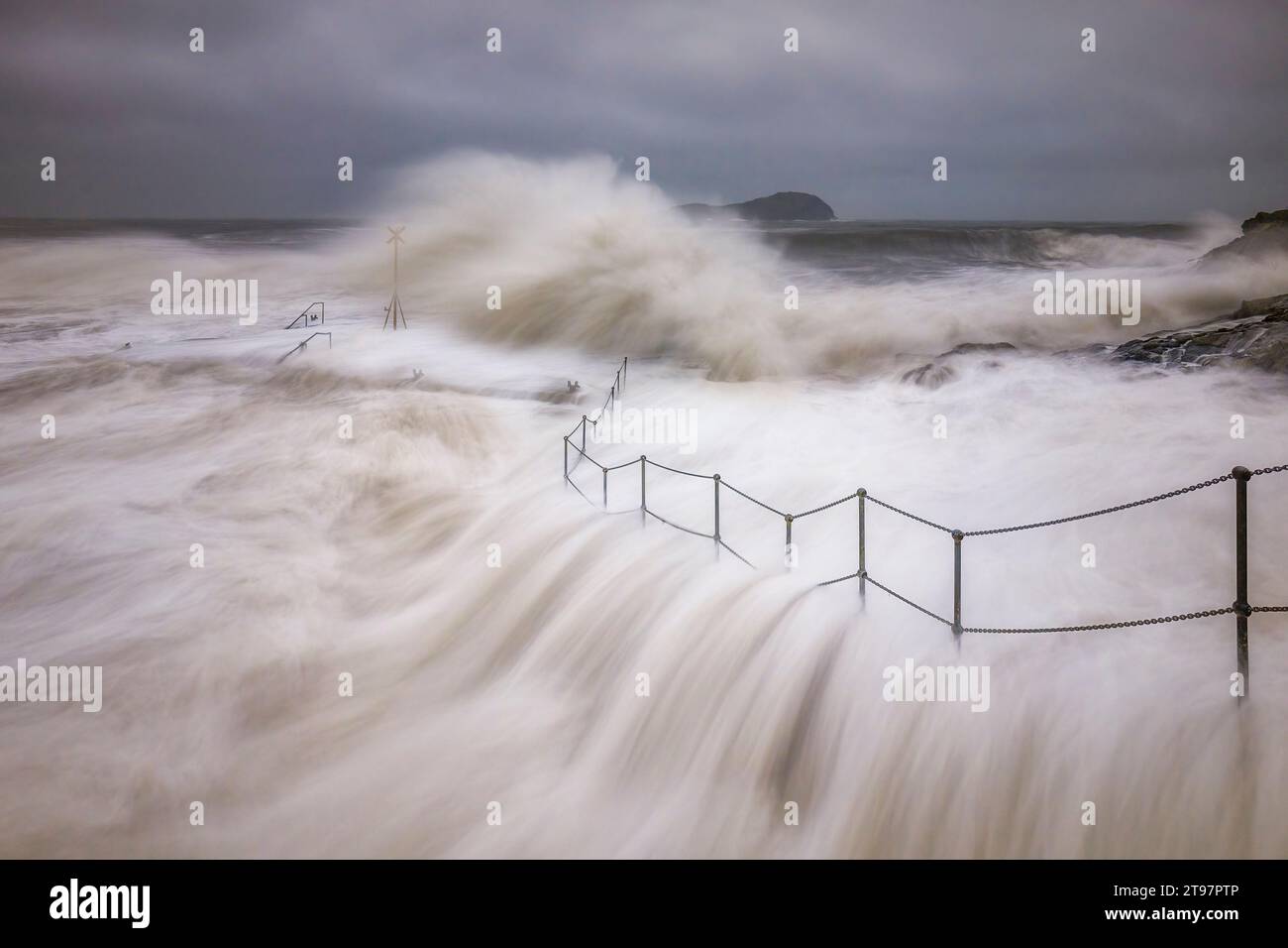 UK, Scotland, North Berwick, Long exposure of waves splashing against ...