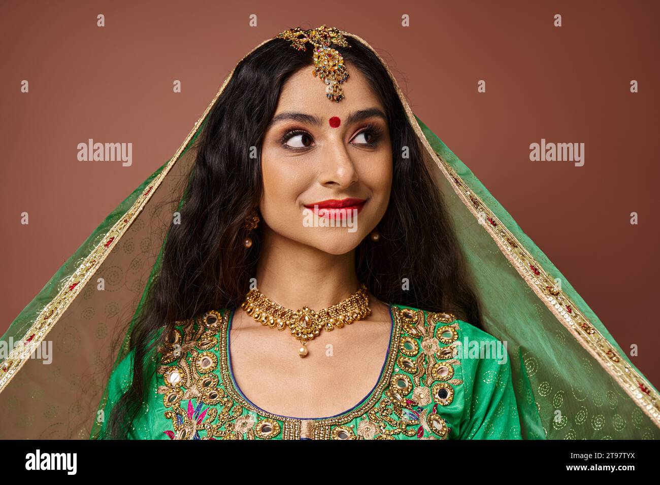 jolly young indian woman with bindi dot on her forehead and green veil ...