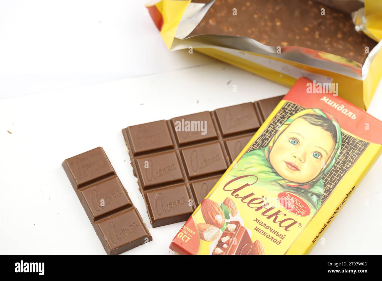 KHARKIV, UKRAINE - JANUARY 27, 2021 Alyonka chocolate square bars ...