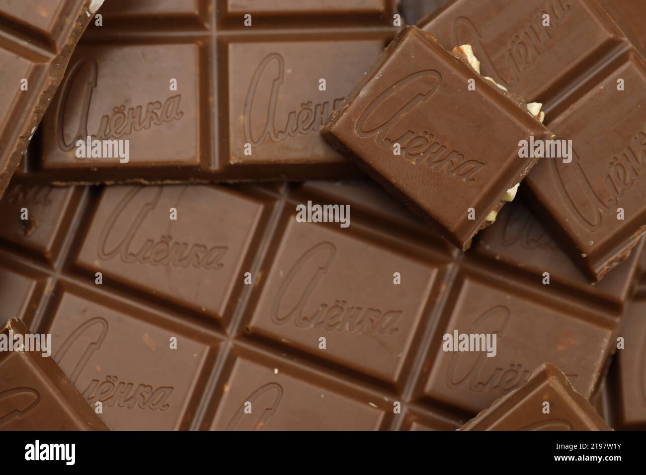 KHARKIV, UKRAINE - JANUARY 27, 2021 Alyonka chocolate square bars ...