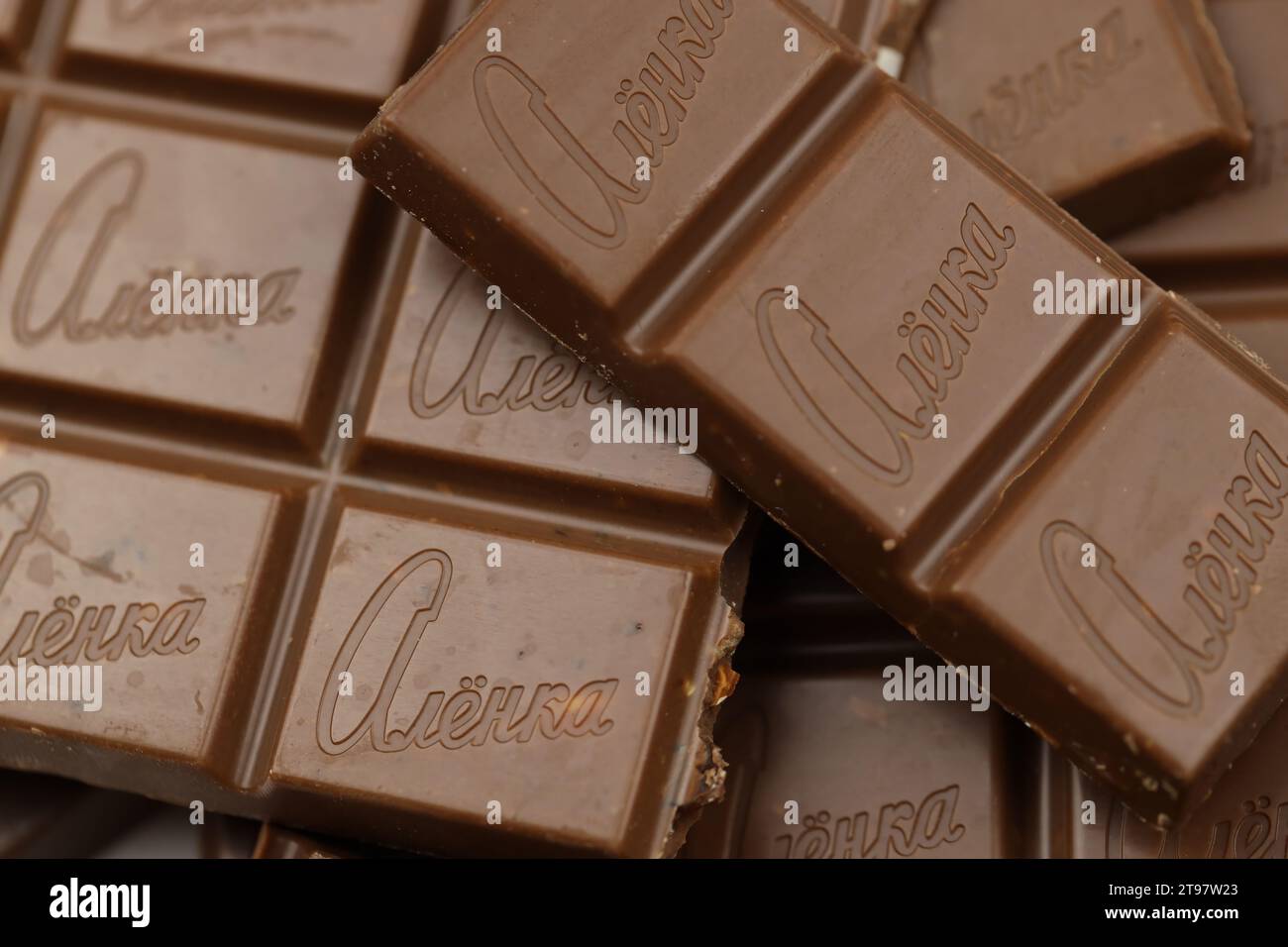 KHARKIV, UKRAINE - JANUARY 27, 2021 Alyonka chocolate square bars ...