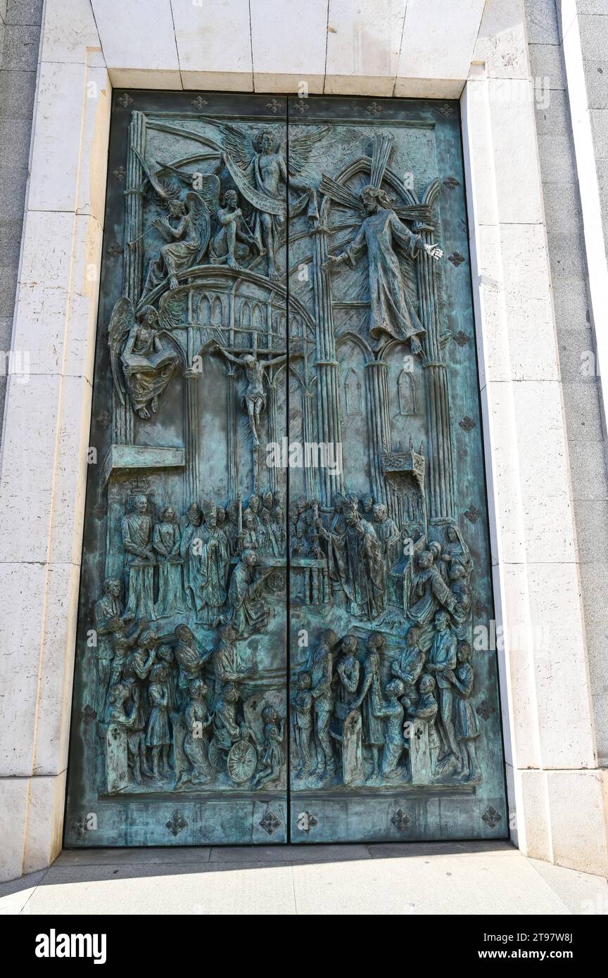 MADRID, SPAIN, Nov 17, 2023, Door, Bas relief, Sculpture of the ...