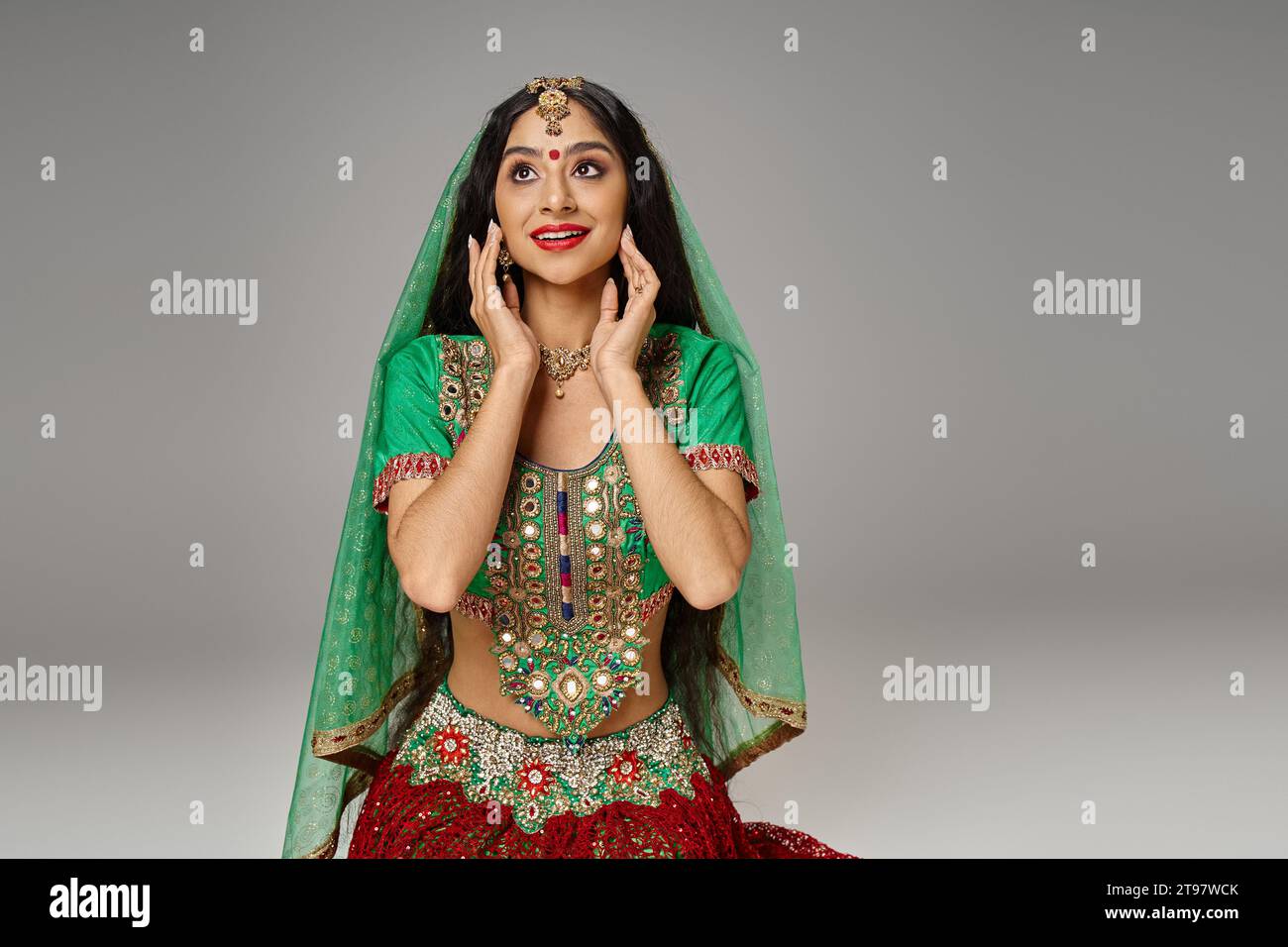 joyous attractive indian woman in national costume with bindi dot ...