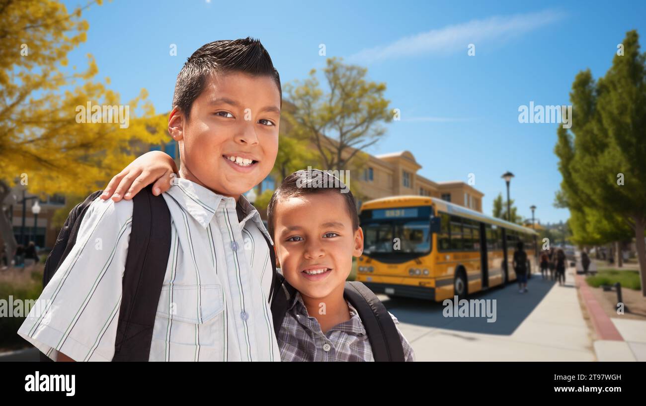 Two Happy Young Hispanic Brothers Wearing Backpacks Near a School Bus ...