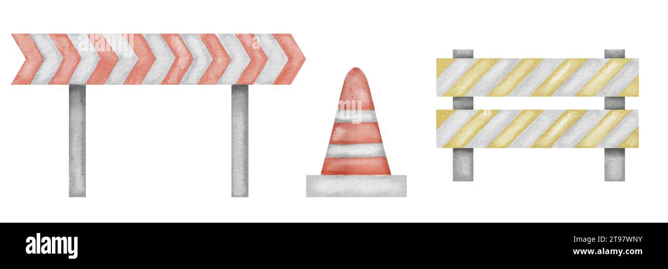 Traffic Cone and Roadblock set. Watercolor illustration of road fencing ...