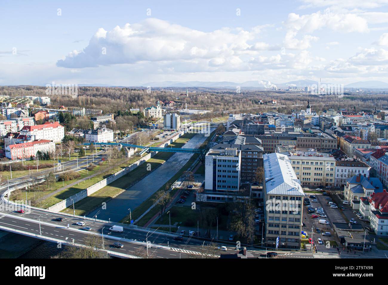 Ostravice river in Ostrava, Czechia. View from the city hall tower ...