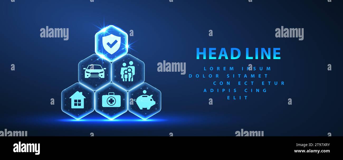 Complex insurance plan. Hexagons made pyramid with shield icon on the ...