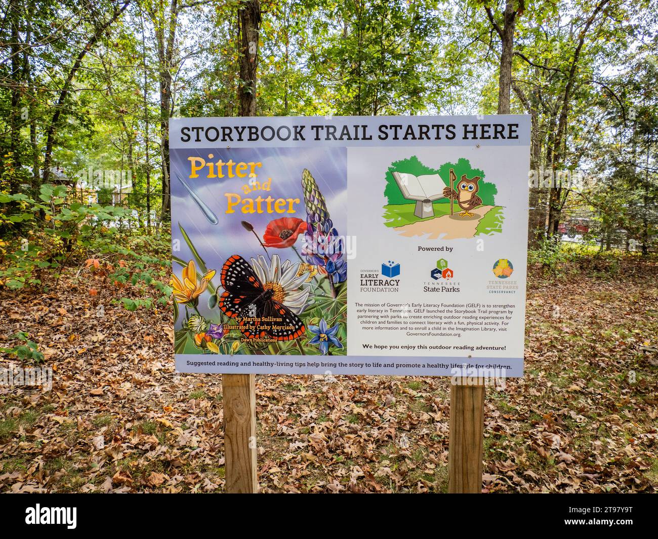 Nature trail signposts in the SOuth Cumberland State Park, Tennessee ...