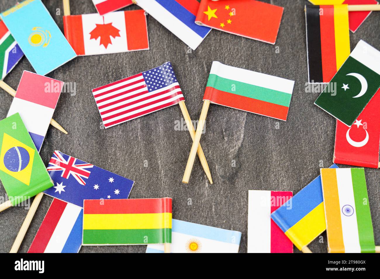 Policy. National flags of different countries. The concept is diplomacy ...