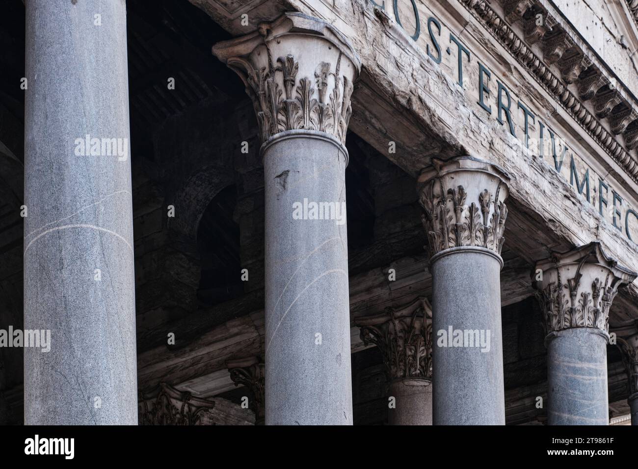 Rome, Italy - November 2 2023: Imposing facade of the ancient Pantheon temple and column capital ...