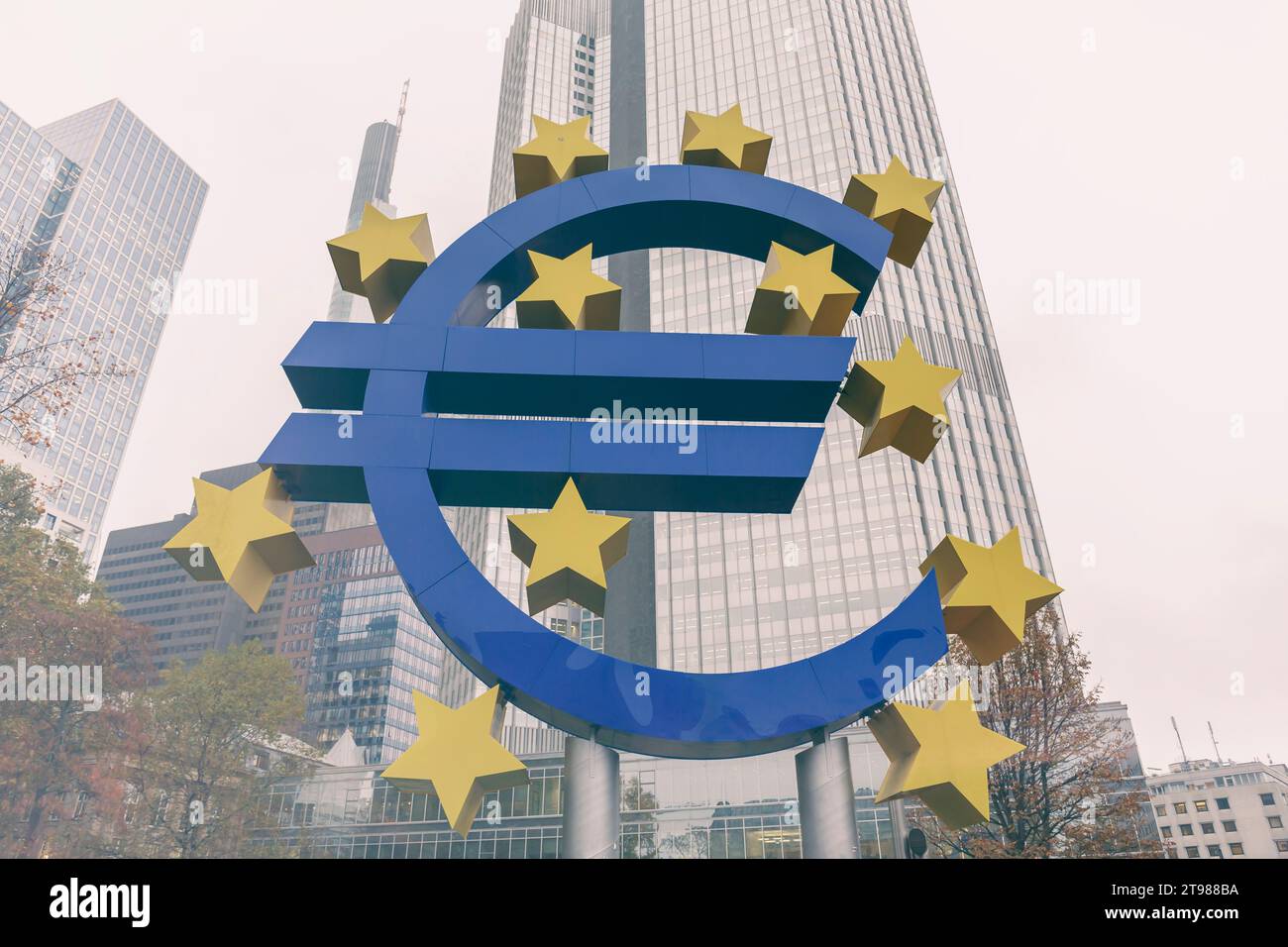 Euro symbol in front of Eurotower at Willy Brandt Platz in Frankfurt am ...