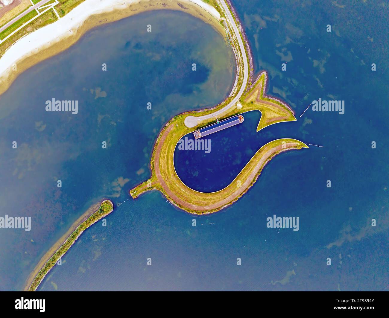 Aerial view of Tulpeiland in Wolderwijd at the coast of Zeewolde, in ...