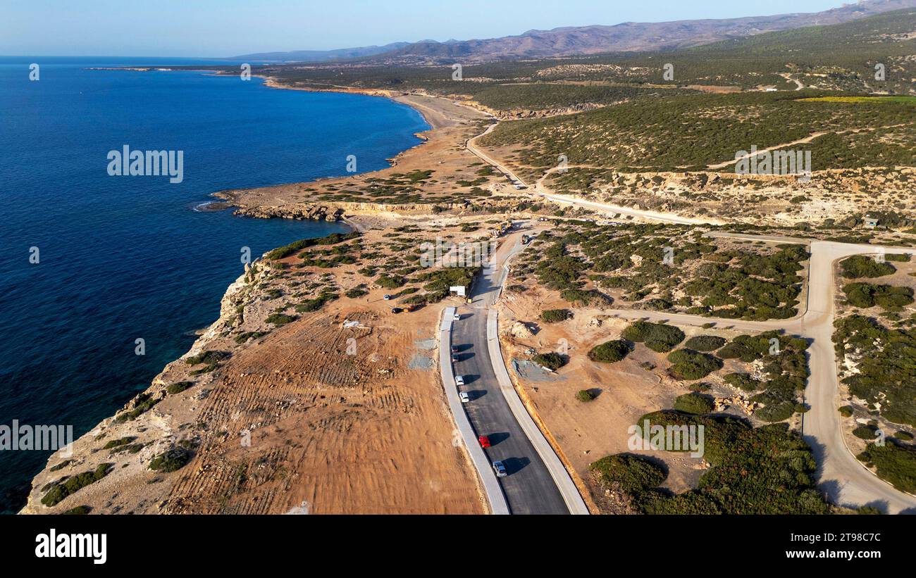 Aerial drone view of the road to the Akamas Peninsula being upgraded ...