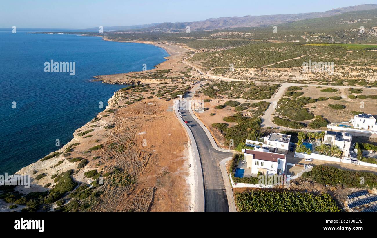 Aerial drone view of the road to the Akamas Peninsula being upgraded ...