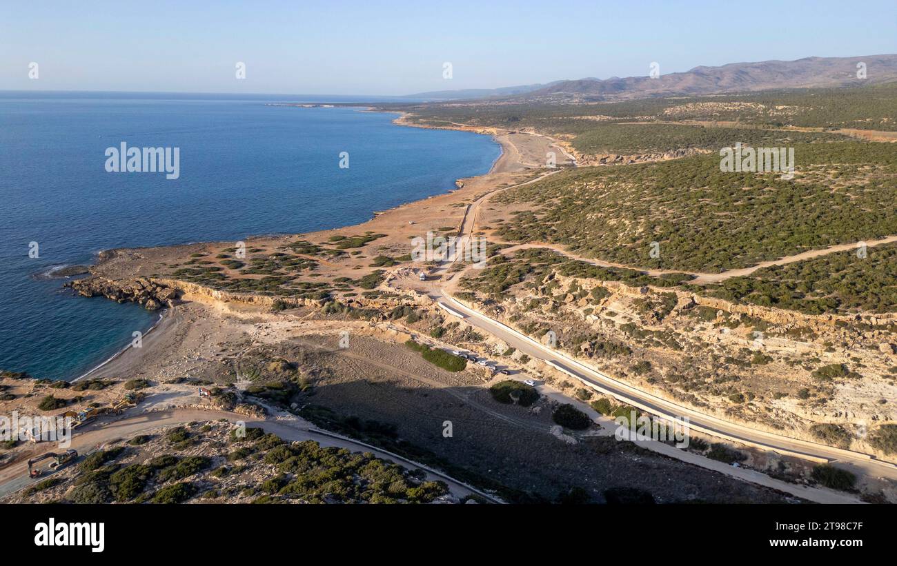 Aerial drone view of the road to the Akamas Peninsula being upgraded ...