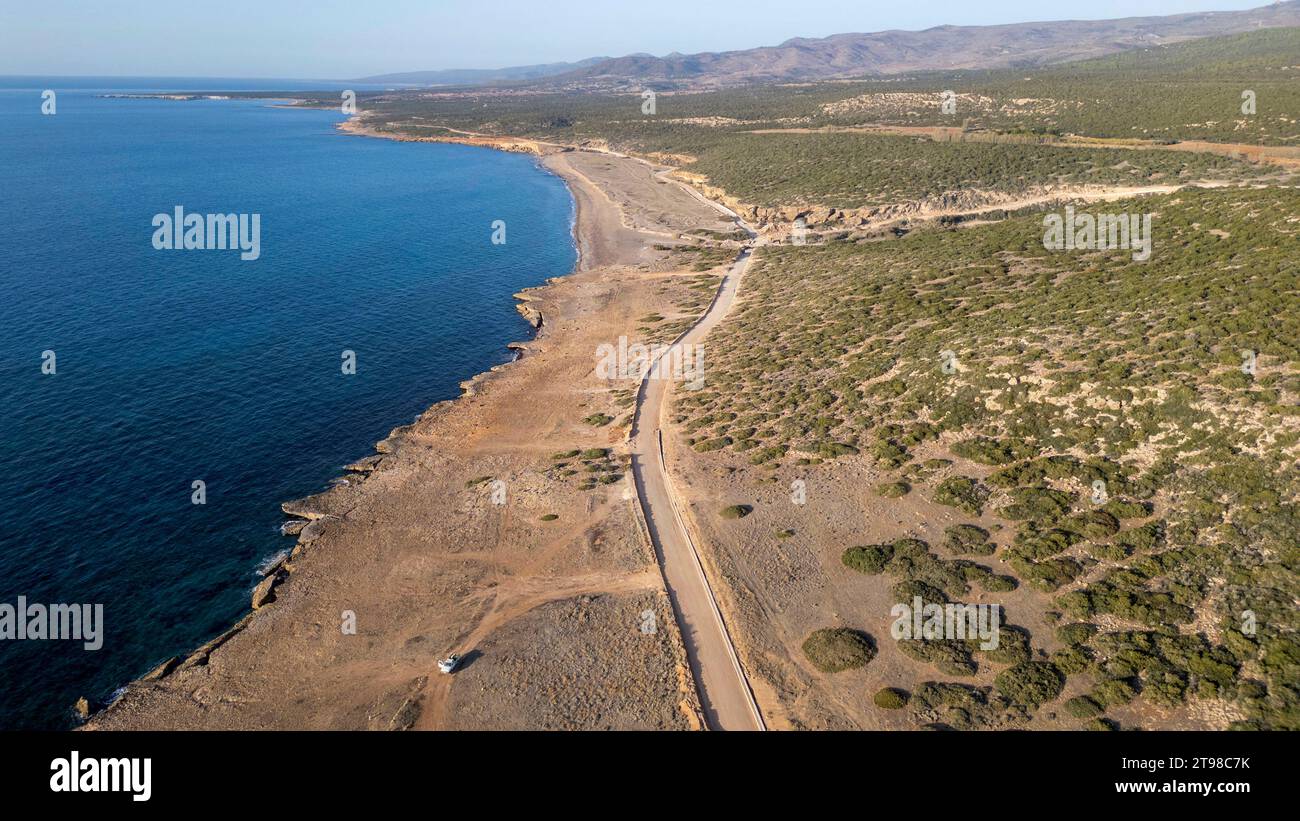 Aerial drone view of the road to the Akamas Peninsula being upgraded ...