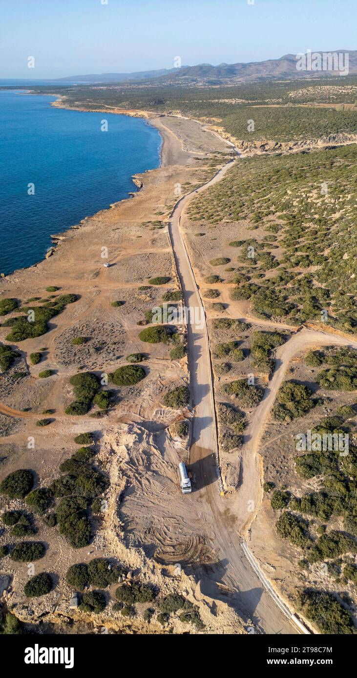 Aerial drone view of the road to the Akamas Peninsula being upgraded ...