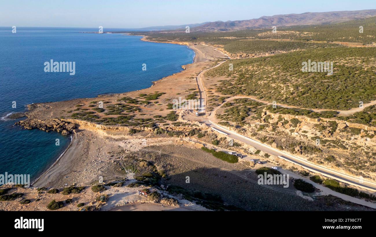 Aerial drone view of the road to the Akamas Peninsula being upgraded ...