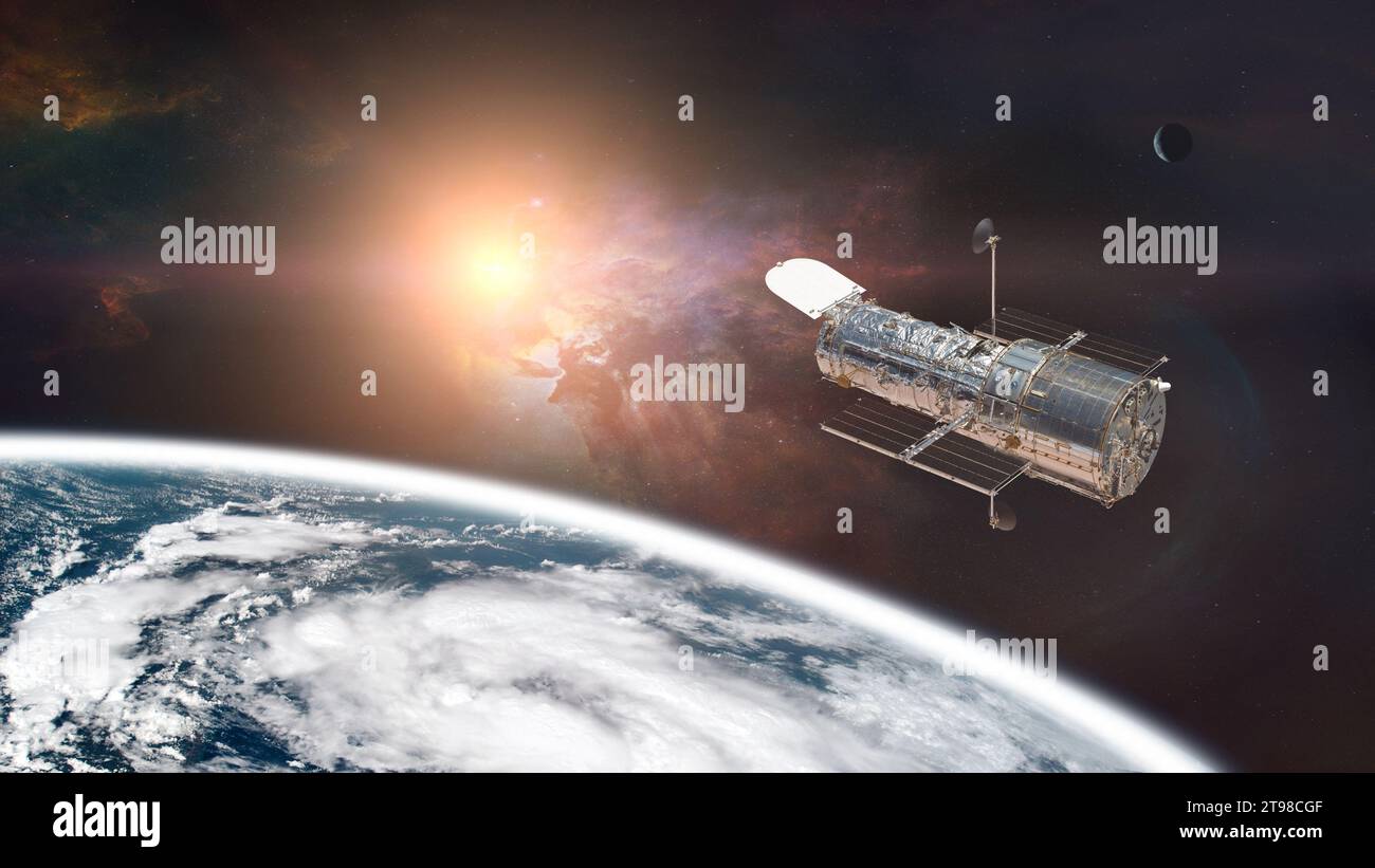 Space telescope, above the Earth planet, with the sun light. Elements ...