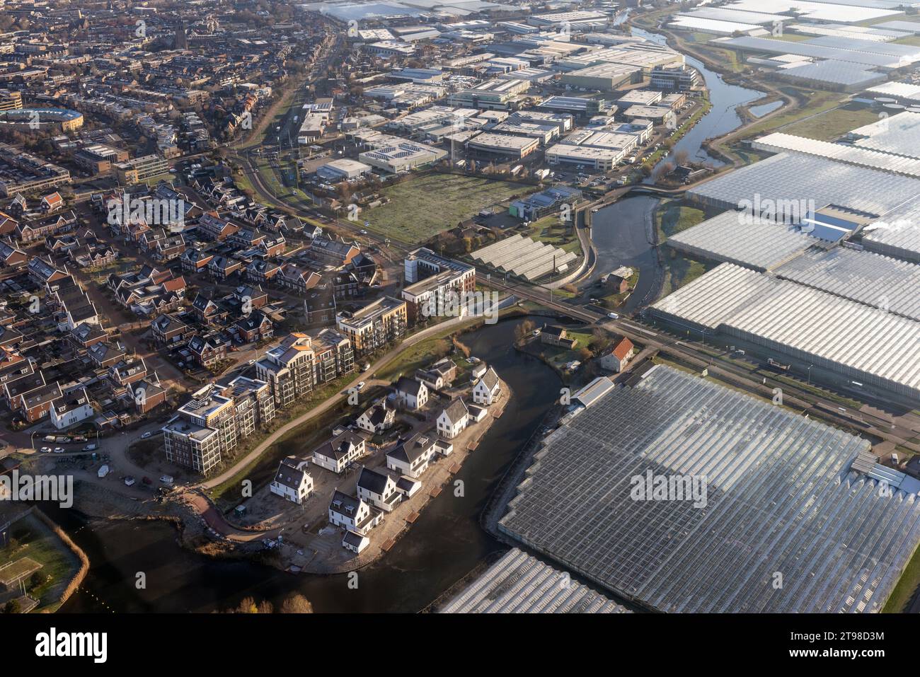 Aerial view greenhouses for horticulture in Dutch area Westland near ...