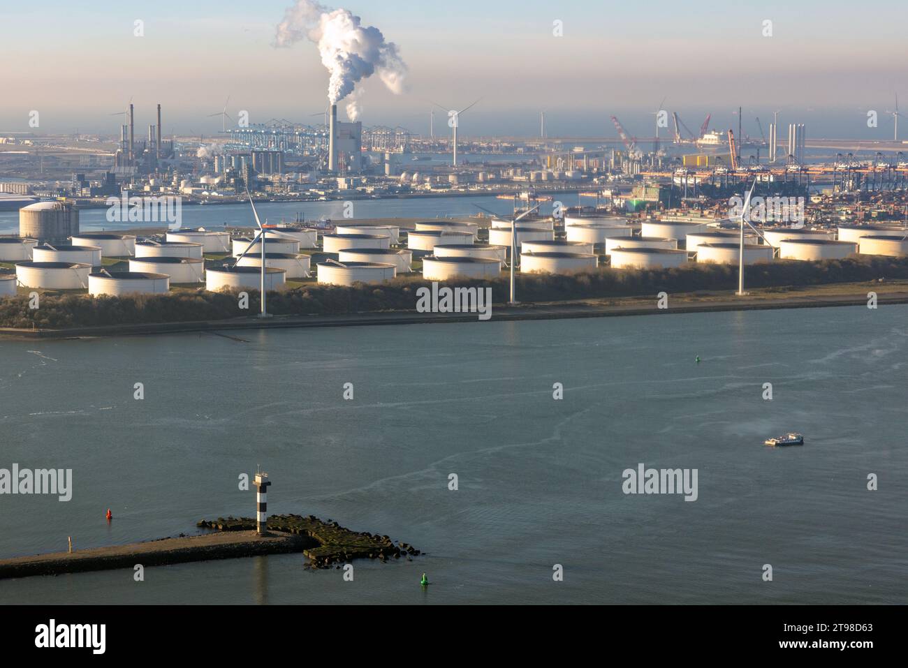 Aerial view river Nieuwe maas with oil tanks in Industrial area port of ...
