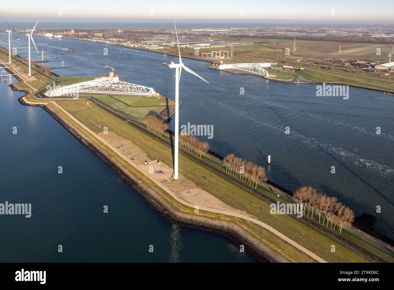 Aerial view Maeslantkering, big storm surge barrier in the Netherlands ...