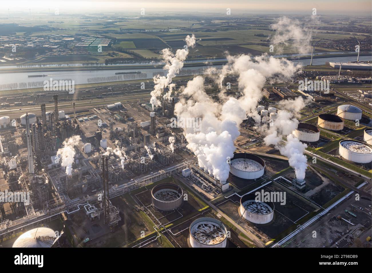 Aerial view Dutch industrial park Rotterdam with harbors and chemical ...