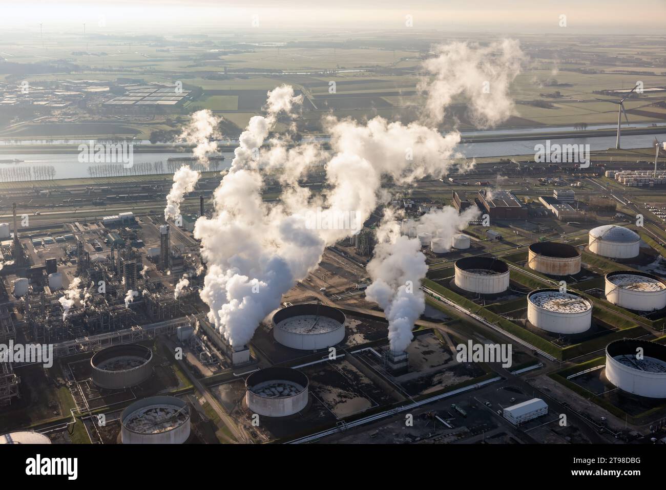 Aerial view Dutch industrial park Rotterdam with harbors and chemical ...
