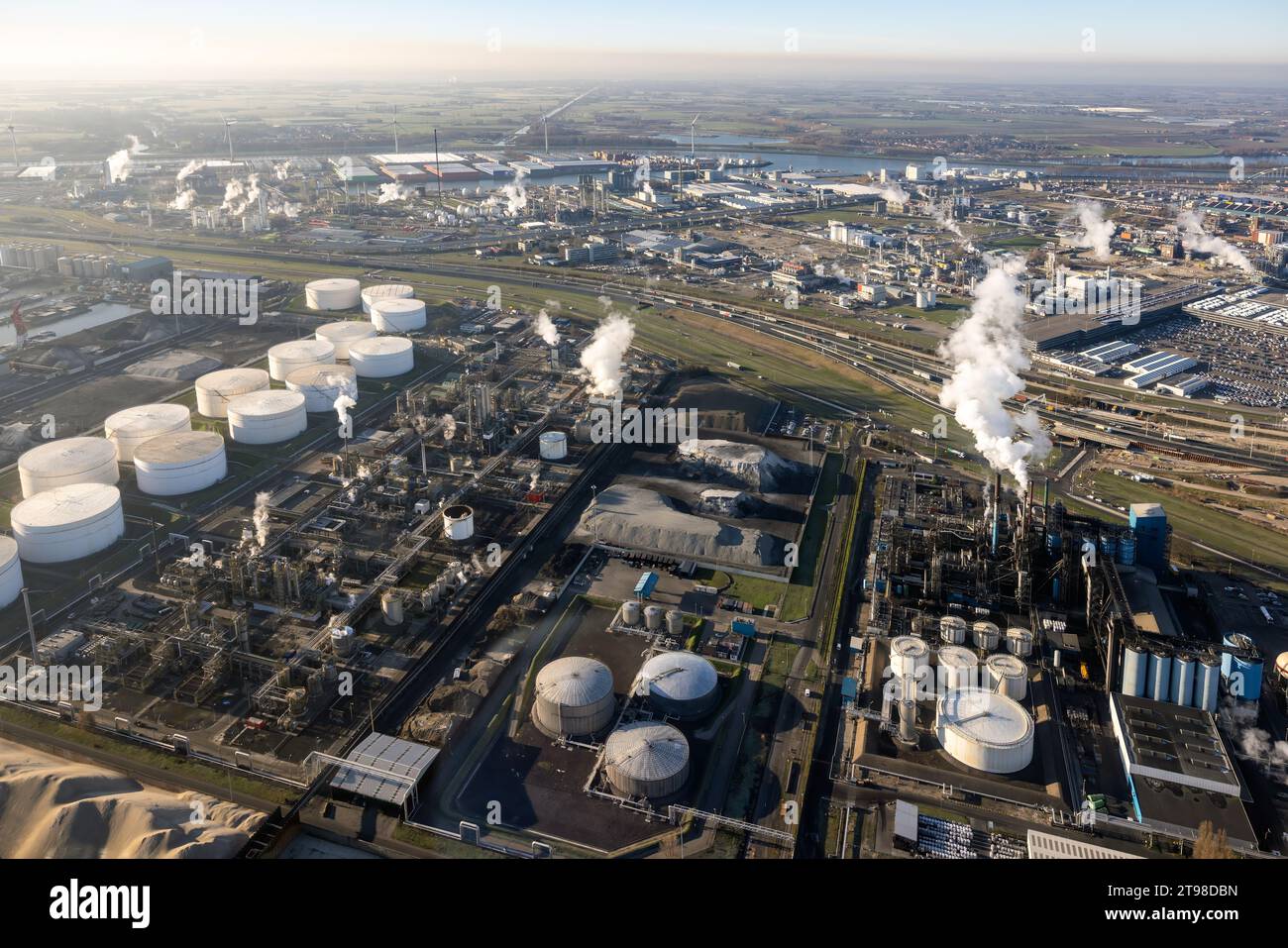 Aerial view Dutch industrial park Rotterdam with harbors and chemical ...