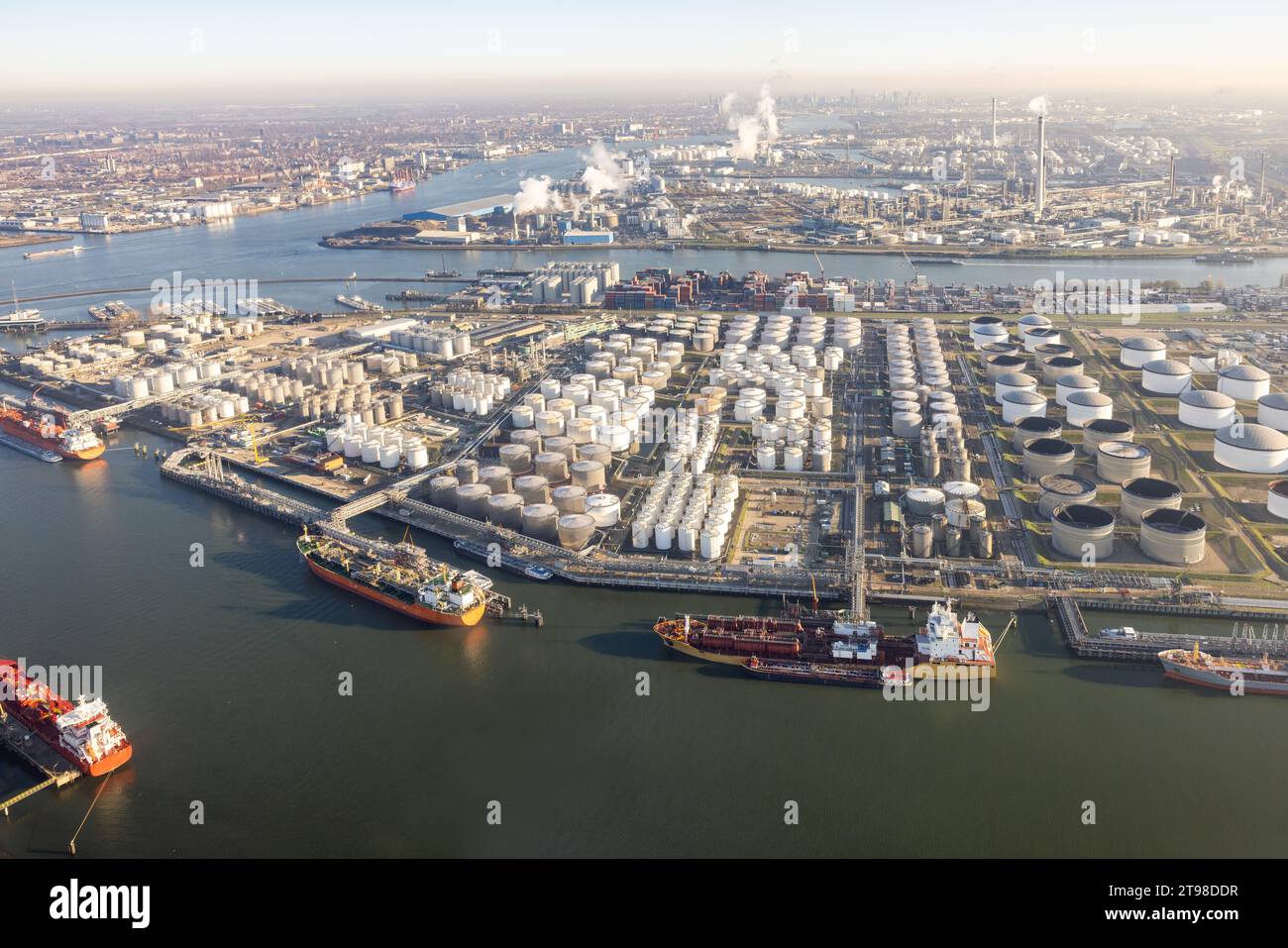 Aerial view Dutch industrial park Botlek near Rotterdam with harbors ...