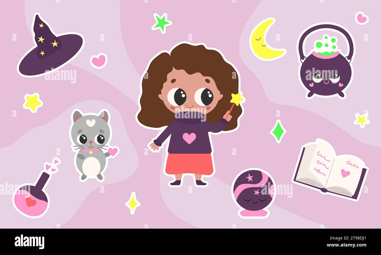 Cute magic sticker set with little girl, cat and love potions and ...