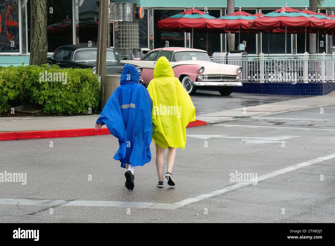 Two people wearing waterproof ponchos, crossing a road on a rainy day ...