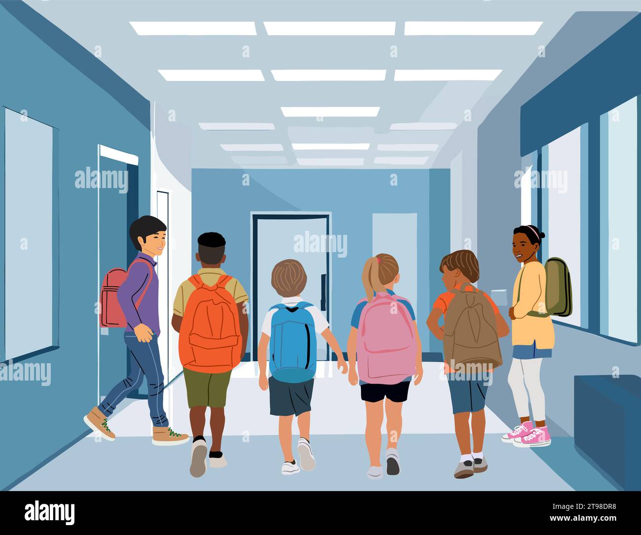 Group Of Pupils Walking In School Hallway vector Stock Vector Image ...